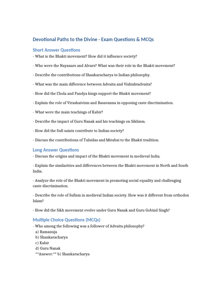 Devotional Exam Questions | PDF | Bhakti Movement | Bhakti