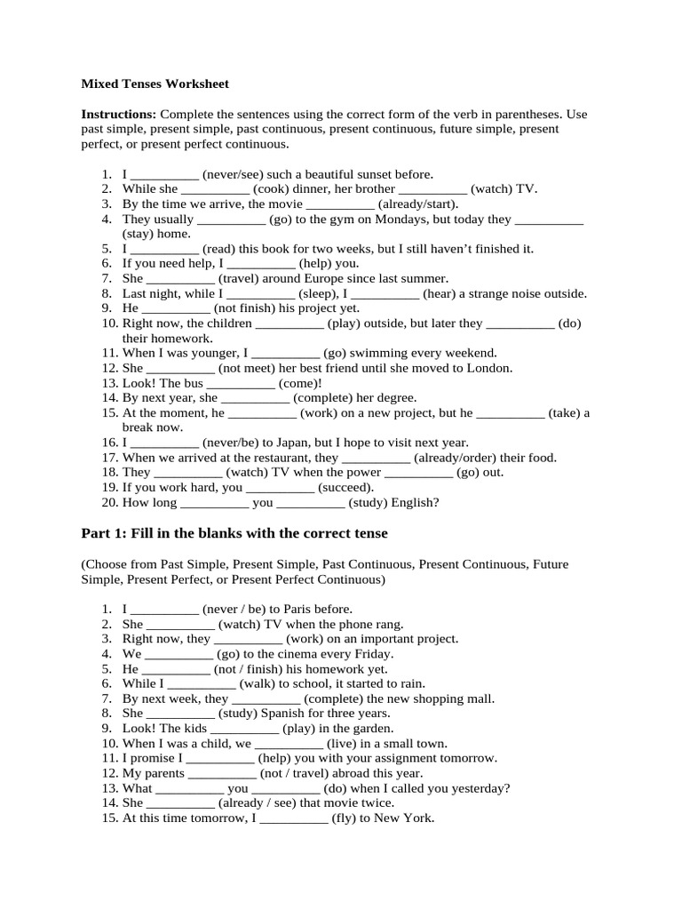 Mixed Tenses Worksheet | PDF