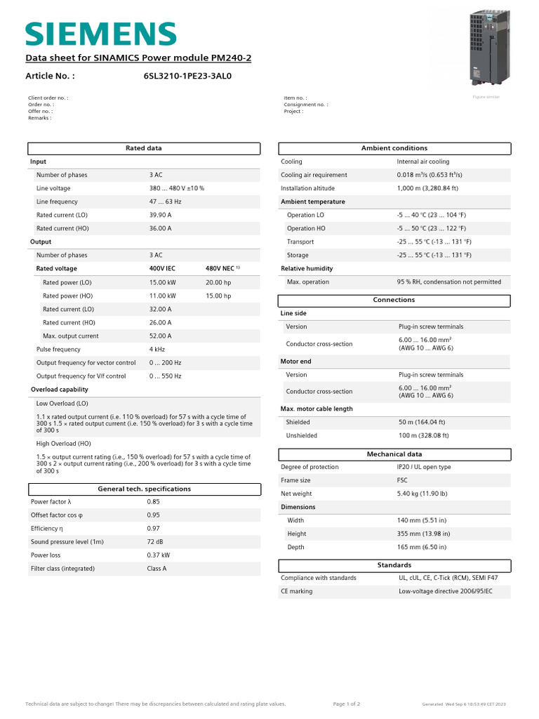 SINAMICS PM240-2 Power Module Data Sheet | PDF | Alternating Current ...