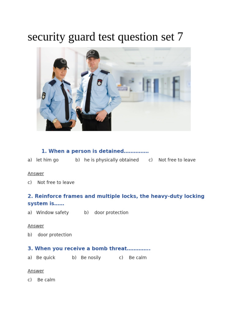 Security Guard Test Question Set 7 | PDF | Security Guard | Grammatical ...