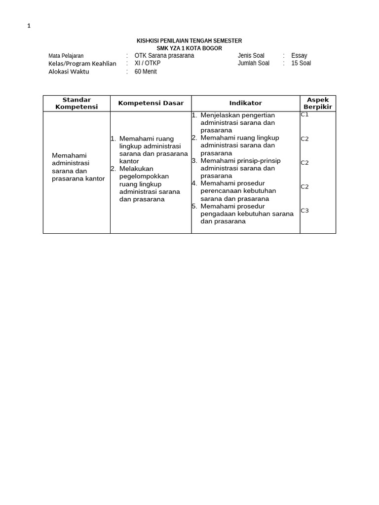 Kisi-Kisi Ujian OTKP Kelas XI | PDF
