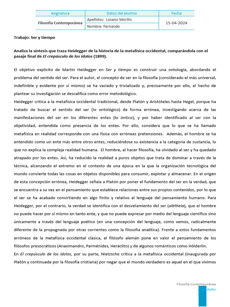 Actividad FEC Ser y Tiempo - Fernando Lozano | PDF | Martin Heidegger ...