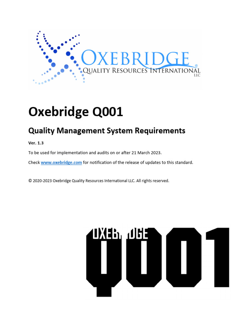 Oxebridge Q001 Ver 1 - 3 FINAL - EN OFFICIAL | PDF | Risk | Quality Management