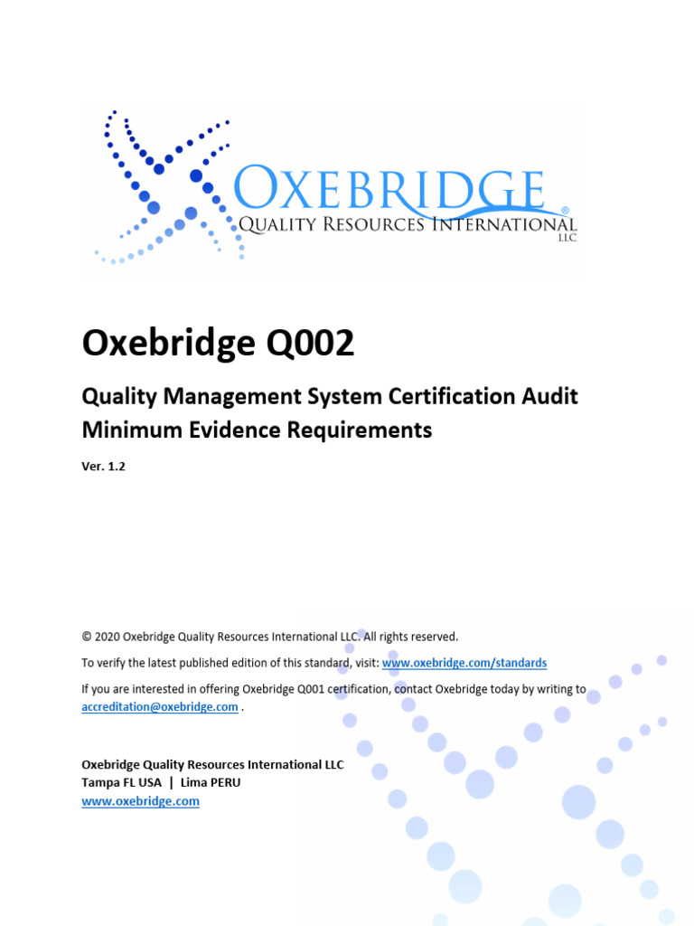 Oxebridge Q002 - Minimum Evidence Requirements - Ver 1.2 | PDF | Audit ...