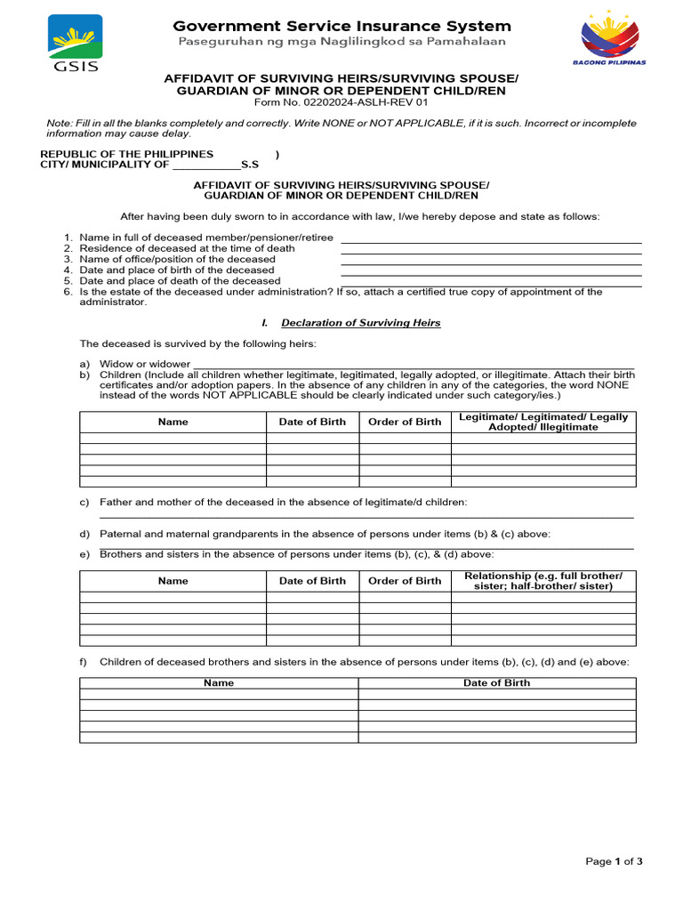 Affidavit of Surviving Heirs Form | PDF | Affidavit | Concurrent Estate