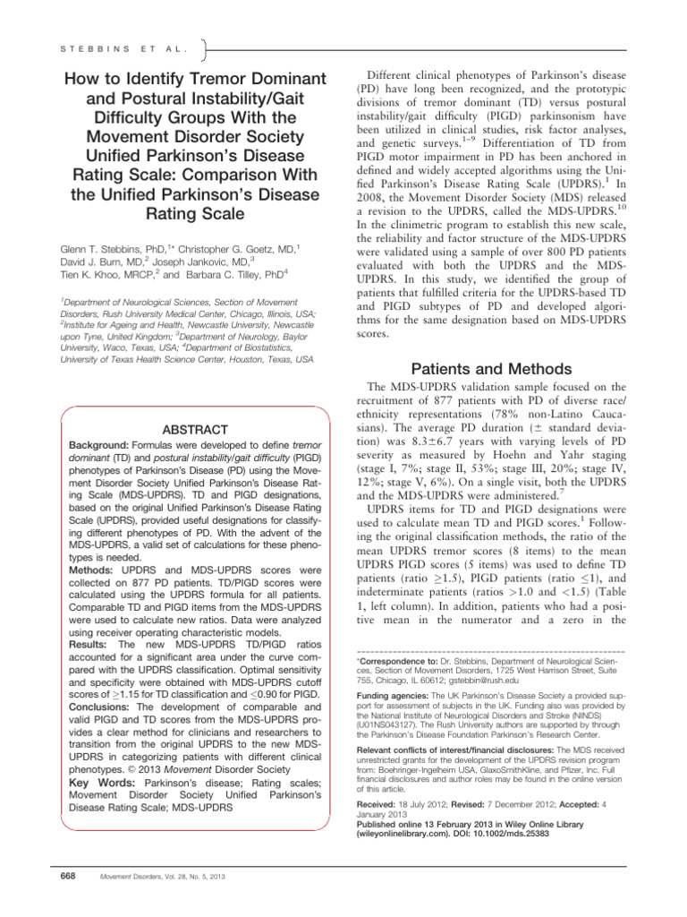 MDS-UPDRS: Classifying PD Phenotypes | PDF | Parkinson's Disease | Medical Specialties