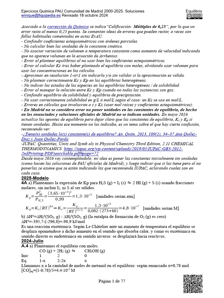 Q5-PAU-Equilibrio-soluc | PDF | Equilibrio químico | Velocidad de reacción
