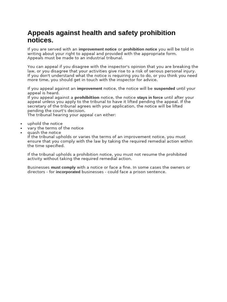 Appeals Against Health and Safety Prohibition Notices | PDF
