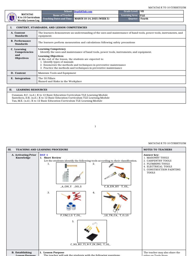 DLL Matatag - Tle 7 Q4 W5 | PDF | Safety | Curriculum