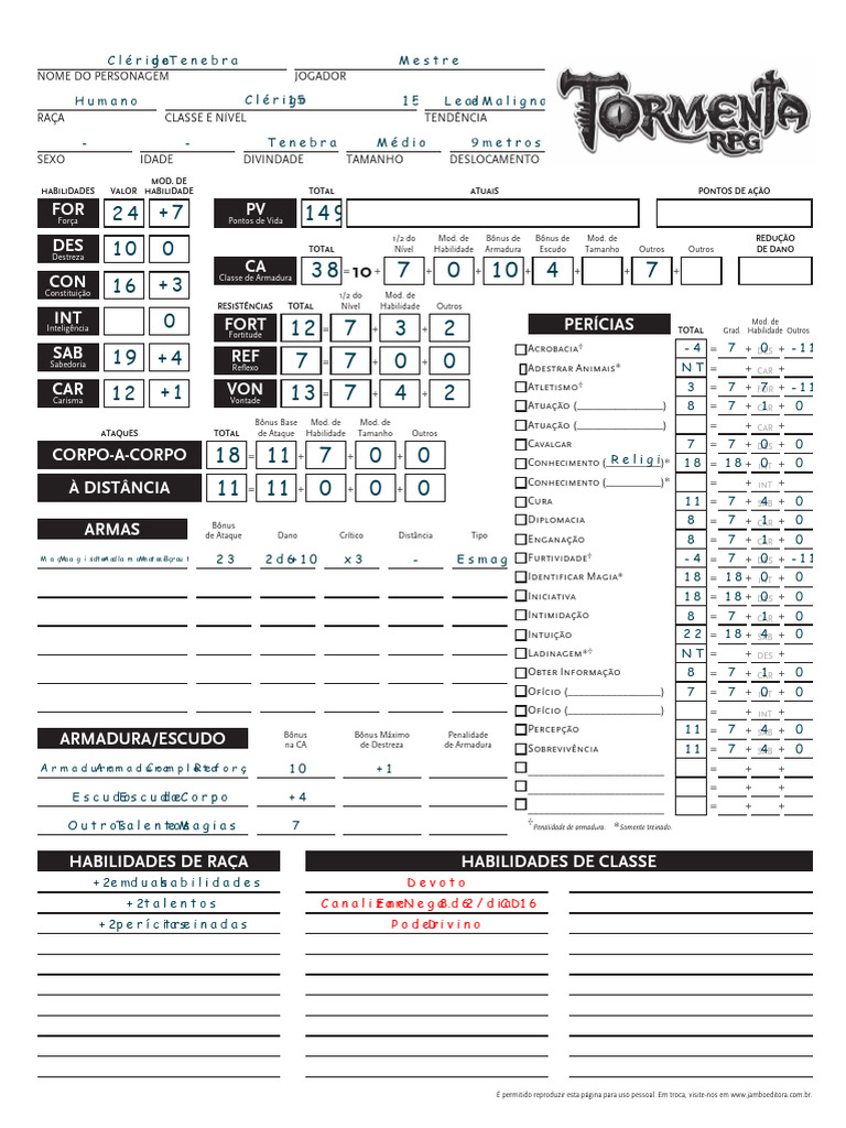 Ficha - Clérigo de Tenebra Lvl 15 | PDF