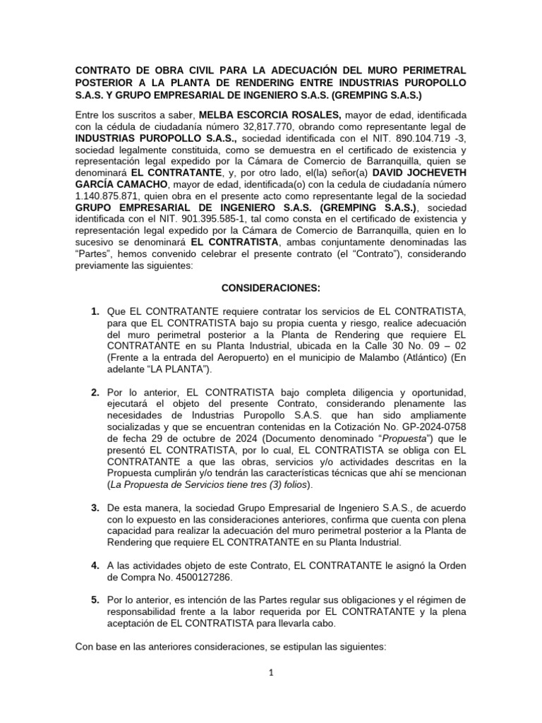 Contrato de Obra Civil - Adecuación de Muro en La Planta de Rendering - Puropollo y Gremping ...