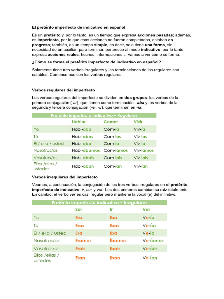 El Pretérito Imperfecto de Indicativo en Español | PDF | Verbo ...