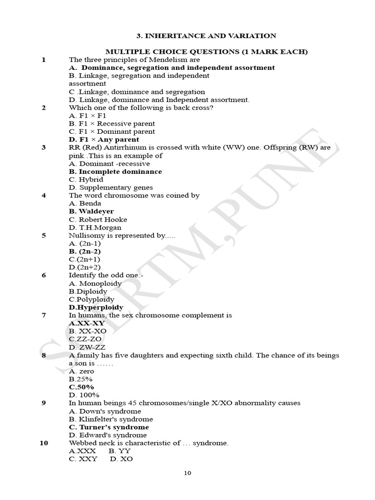 Maharashtra HSC Biology Inheritance and Variation Question Bank 2025 ...