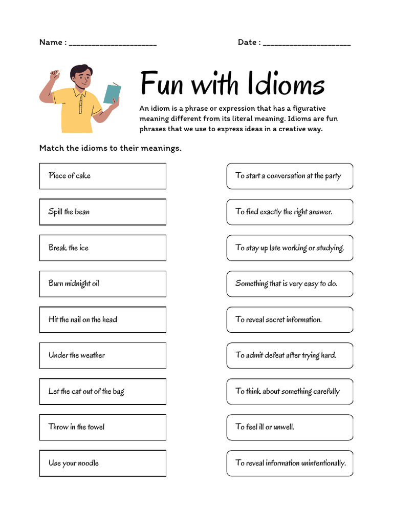 Idioms Matching English Worksheet Simple Illustrative Style PDF | PDF ...