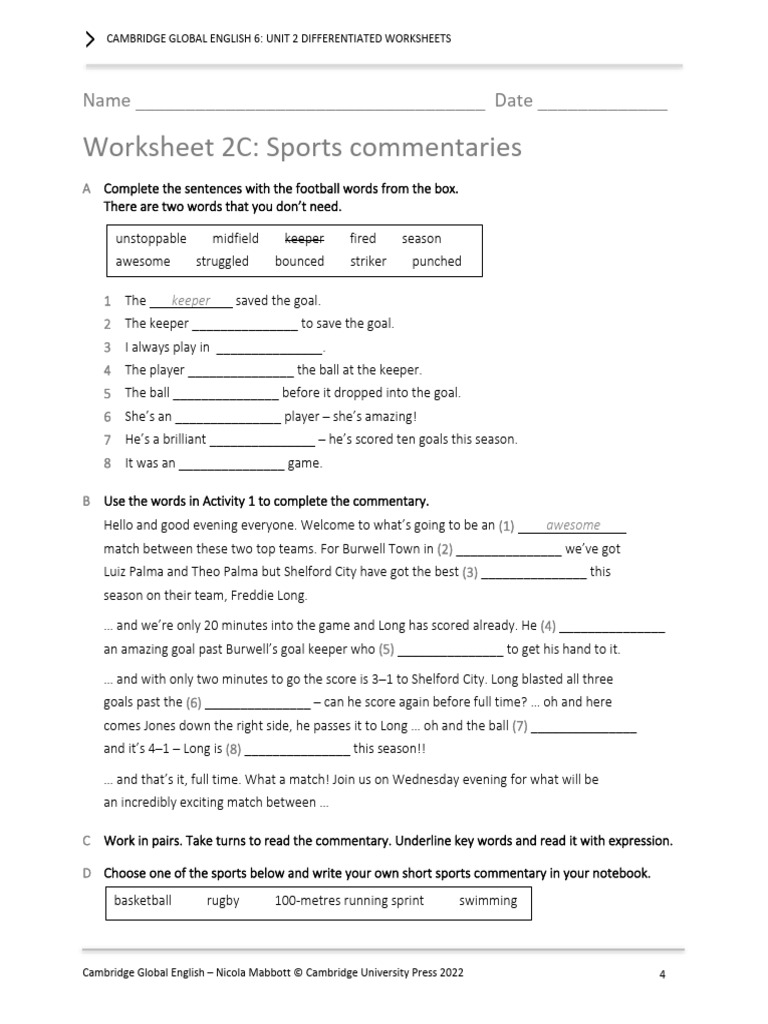 Sports Commentary Worksheets for Kids | PDF