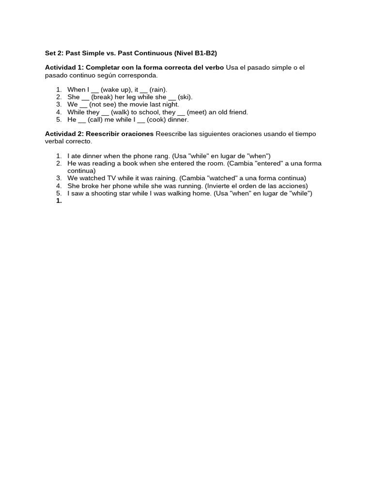 Set 2: Past Simple vs. Past Continuous (Nivel B1-B2) Actividad 1 ...