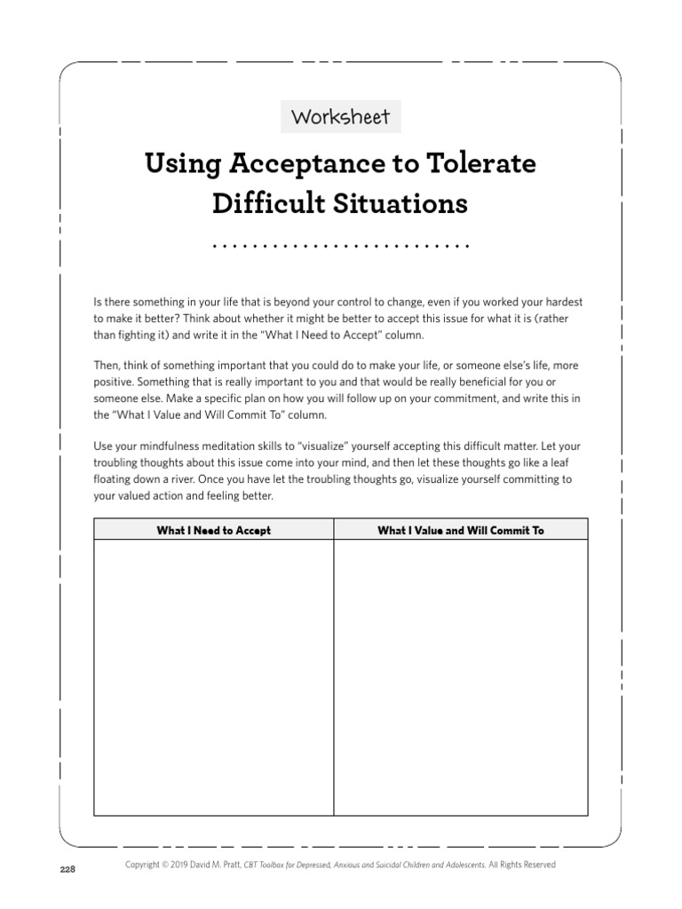 Acceptance To Tolerate Difficult Situations Worksheet Handouts CBT Toolbox Anxiety Depression ...