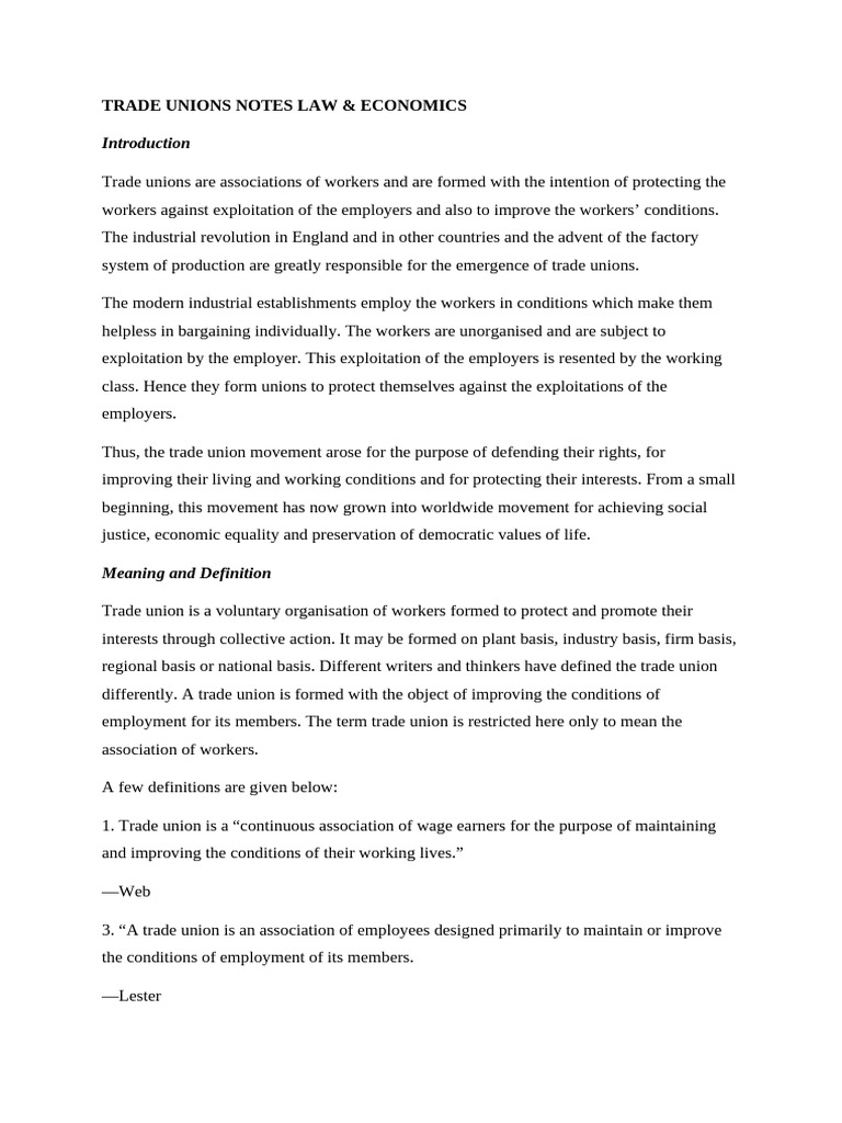 Trade Unions Notes - Law & Economics | PDF | Trade Union | Employment