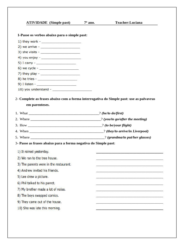 ATIVIDADE Simple Past 7º Ano | PDF