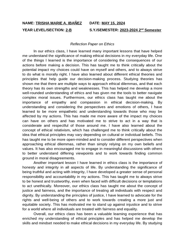 Ibañez - ETHICS Reflection Paper | PDF | Justice | Crime & Violence