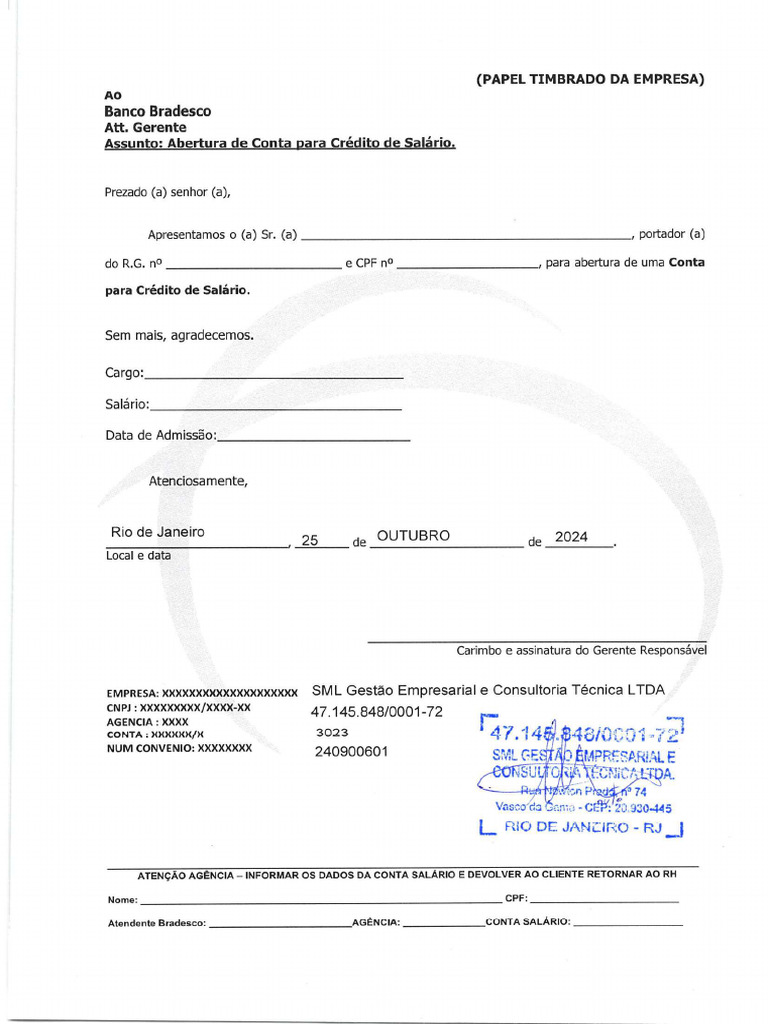 Modelo de Abertura de Conta Salario - Preenchido - SML | PDF