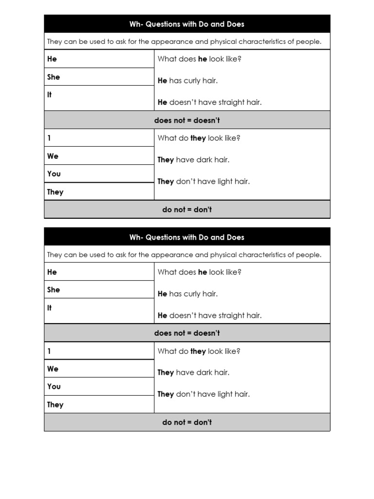 Wh- Questions: Do and Does Usage | PDF | Grammar | Language Mechanics