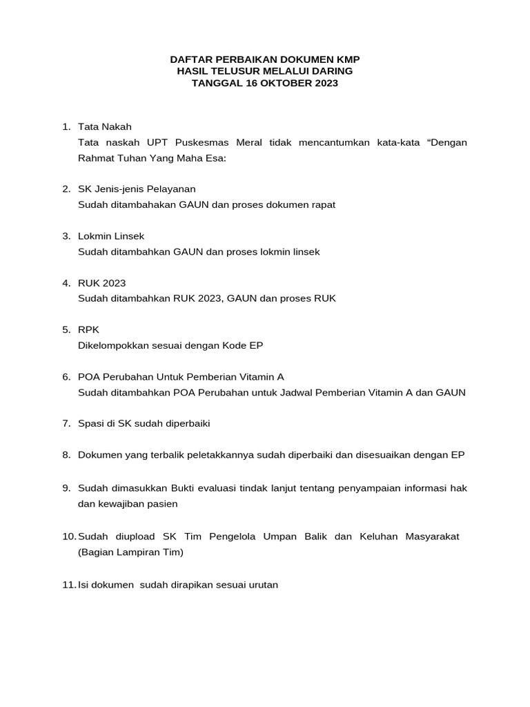 Daftar Perbaikan Dokumen KMP | PDF