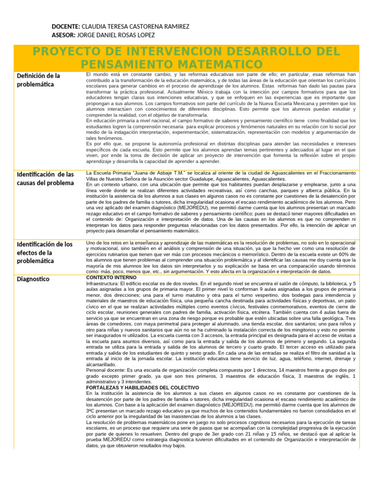 Proyecto de Intervencion Desarrollo Del Pensamiento Matematico | PDF | Plan de estudios ...