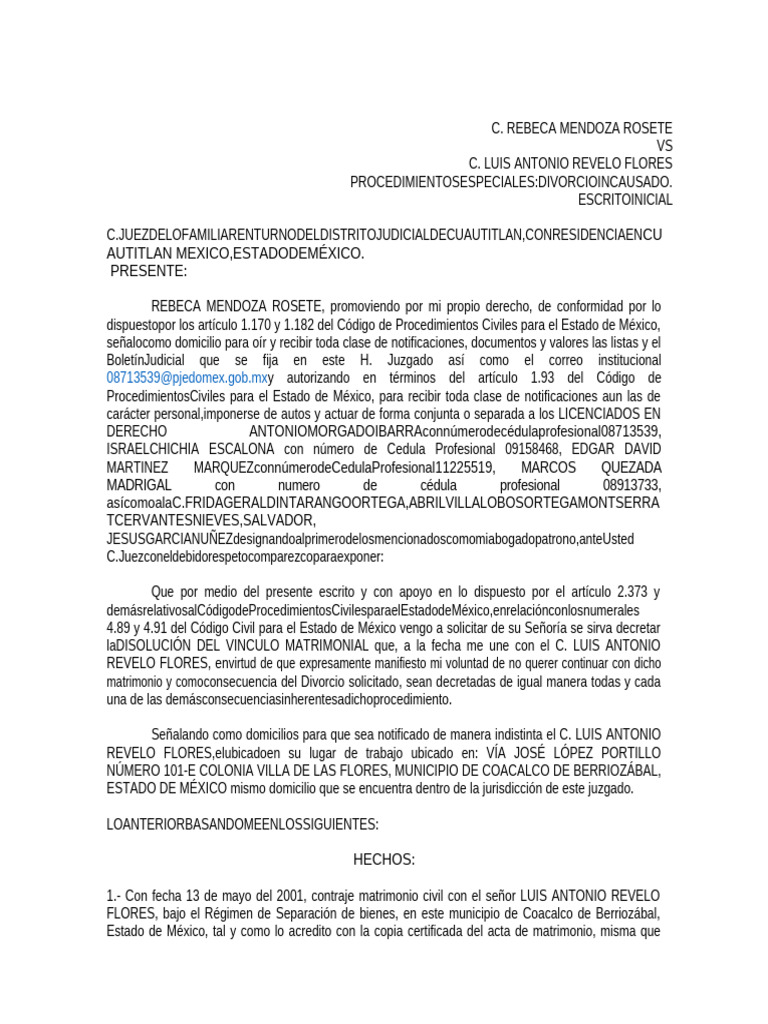 Nuevo Escrito Divorcio Rebeca Mendoza Rosete - 062936 (1) - 1 | PDF | Pensión alimenticia | Divorcio