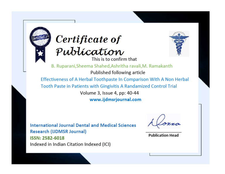 This Is To Confirm That Published Following Article: B. Ruparani, Sheema Shahed, Ashritha Ravali ...