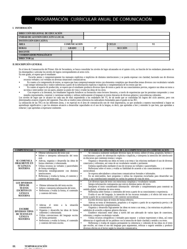 1ro Programacion Anual Comunicación | PDF | Enseñando | Aprendizaje