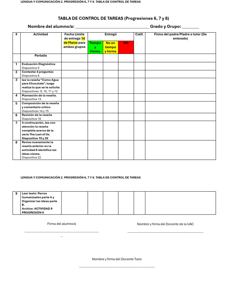 Tabla de Control de Tareas Progresiones 6-8 | PDF