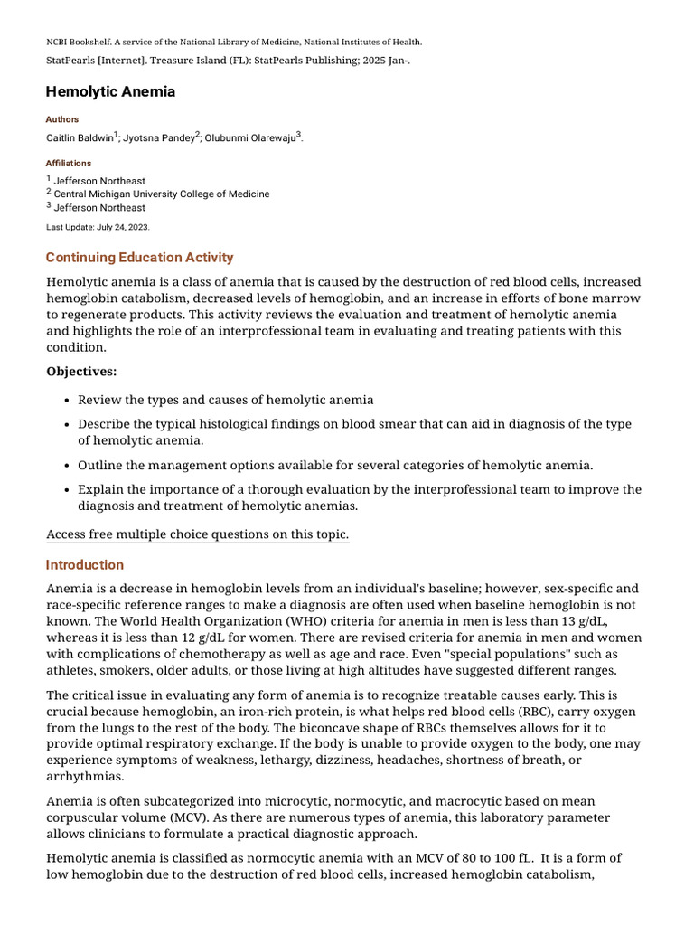 Overview of Hemolytic Anemia | PDF | Anemia | Red Blood Cell