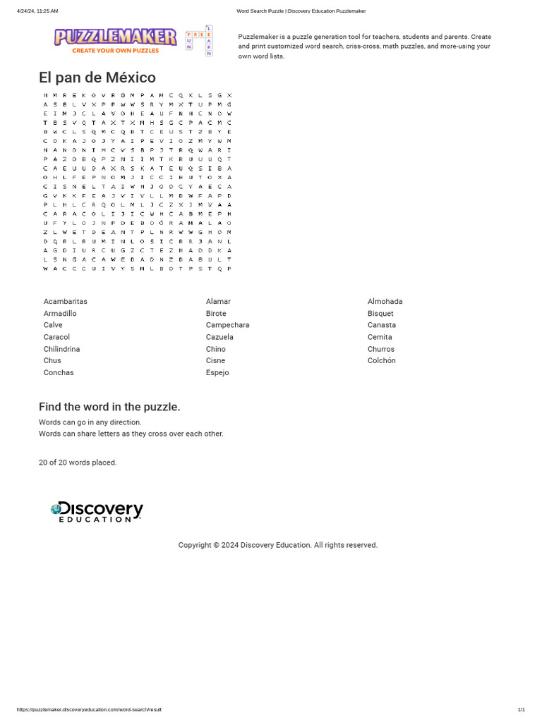 Word Search Puzzle - Discovery Education Puzzlemaker | PDF