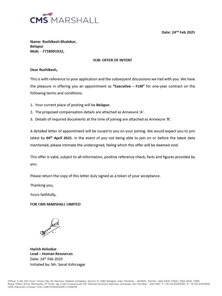 CMS Marshall - Rushikesh Bhalekar | PDF | Employee Benefits