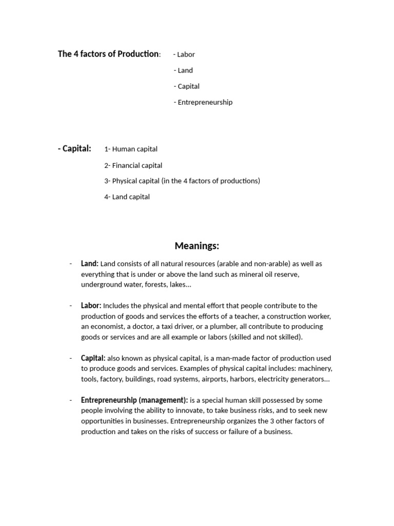 Economics Unit One Chapter One Factors of Production | PDF | Factors Of Production | Capital ...