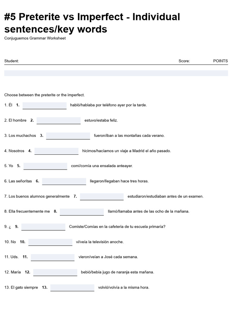 #5 Preterite Vs Imperfect - Individual Sentences - Key Words ...
