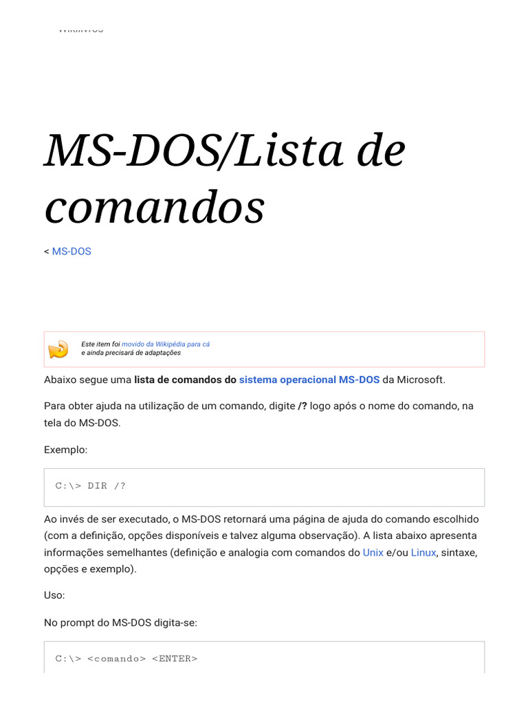 MS-DOS_Lista de Comandos - Wikilivros | PDF | Diretório (informática ...