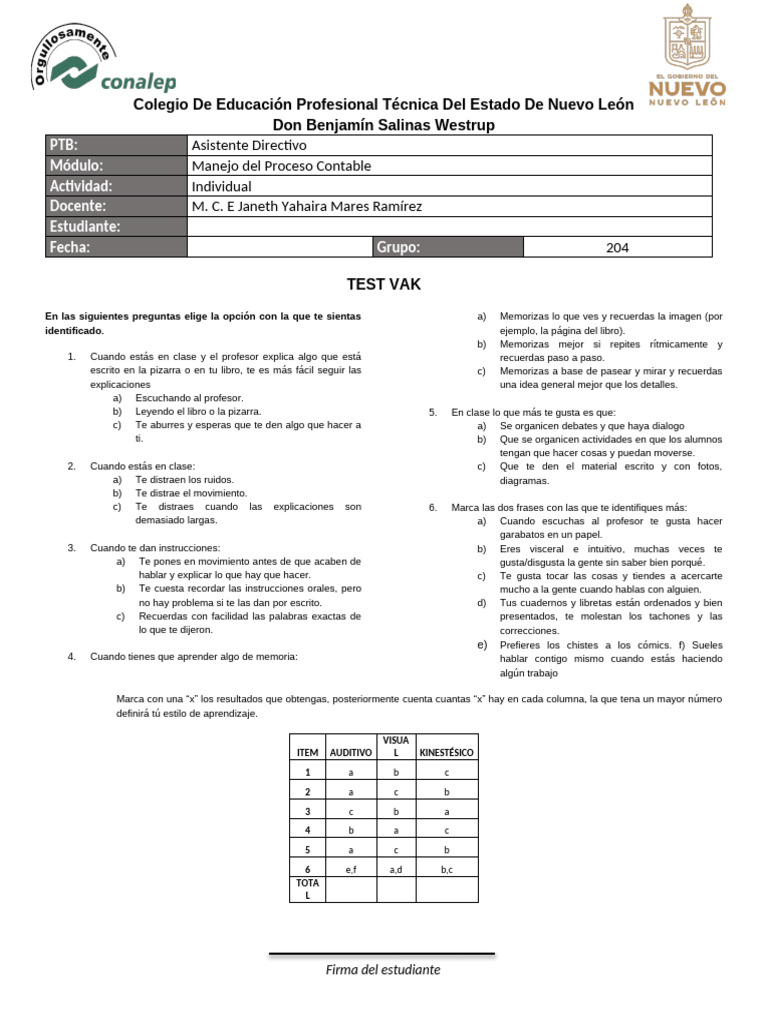 Test VAK 204 | PDF | Cognición | Aprendizaje