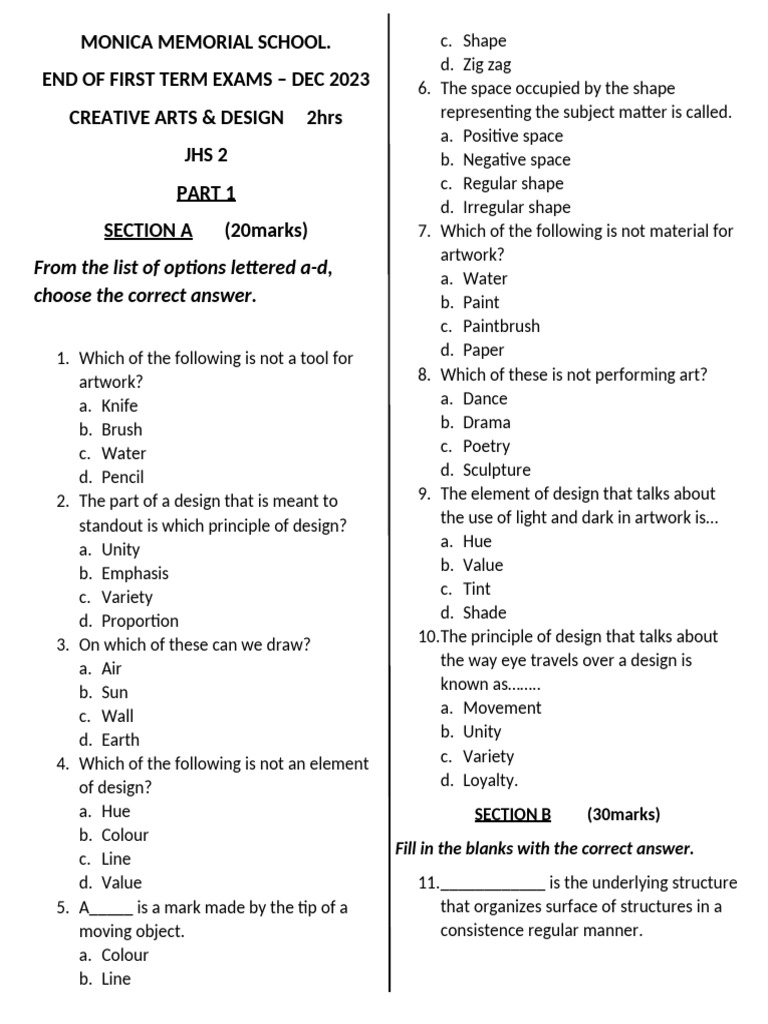 JHS 2 Creative Arts Exam Questions | PDF