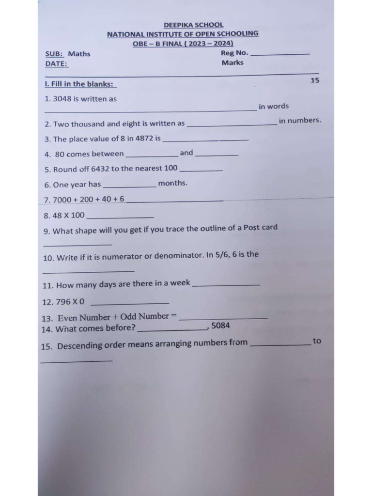 OBE - B, Math Normal Finals, Deepika School | PDF