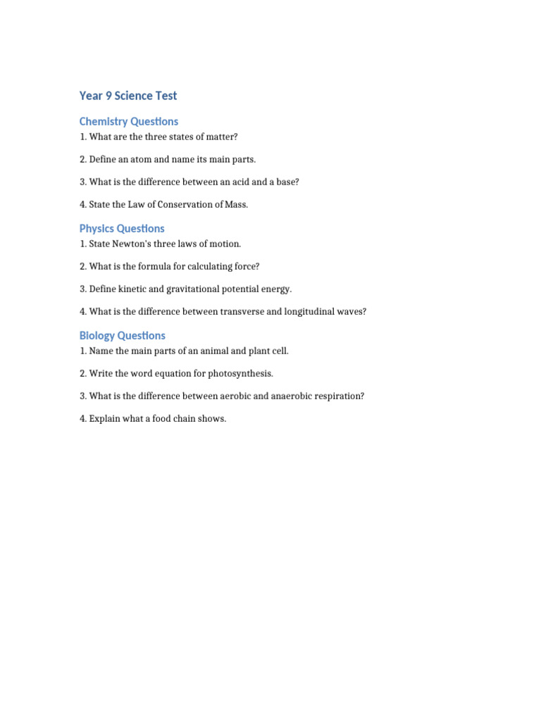 Year 9 Science Test | PDF