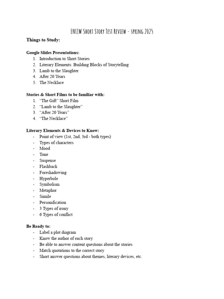 ENL1W Short Story Test Review - Spring 2025 | PDF
