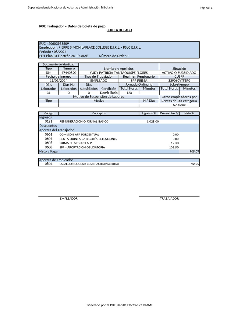R08: Trabajador - Datos de Boleta de Pago | PDF