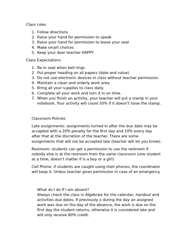Classroom Guidelines for Students | PDF