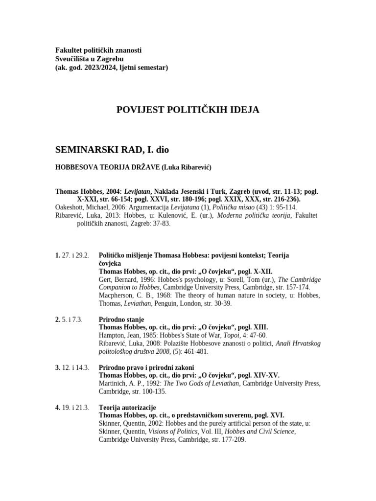 Povijest Polit. Ideja (2024) - Seminar Hobbes | PDF
