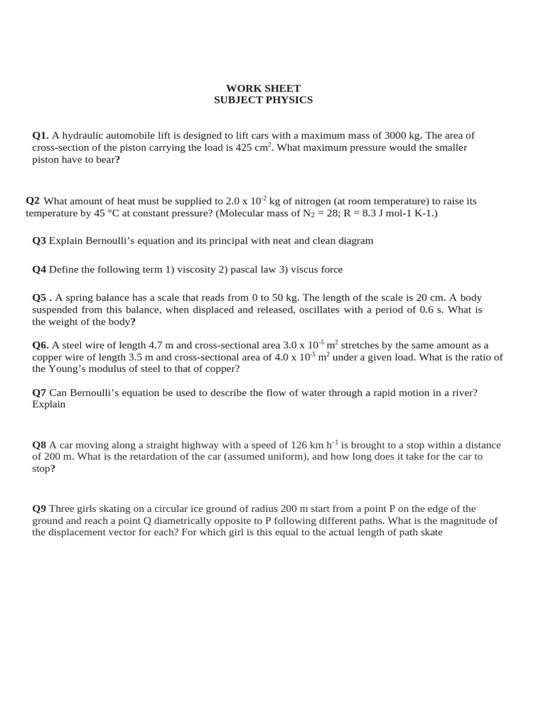 WORK SHEET PHYSICS | PDF | Force | Metrology