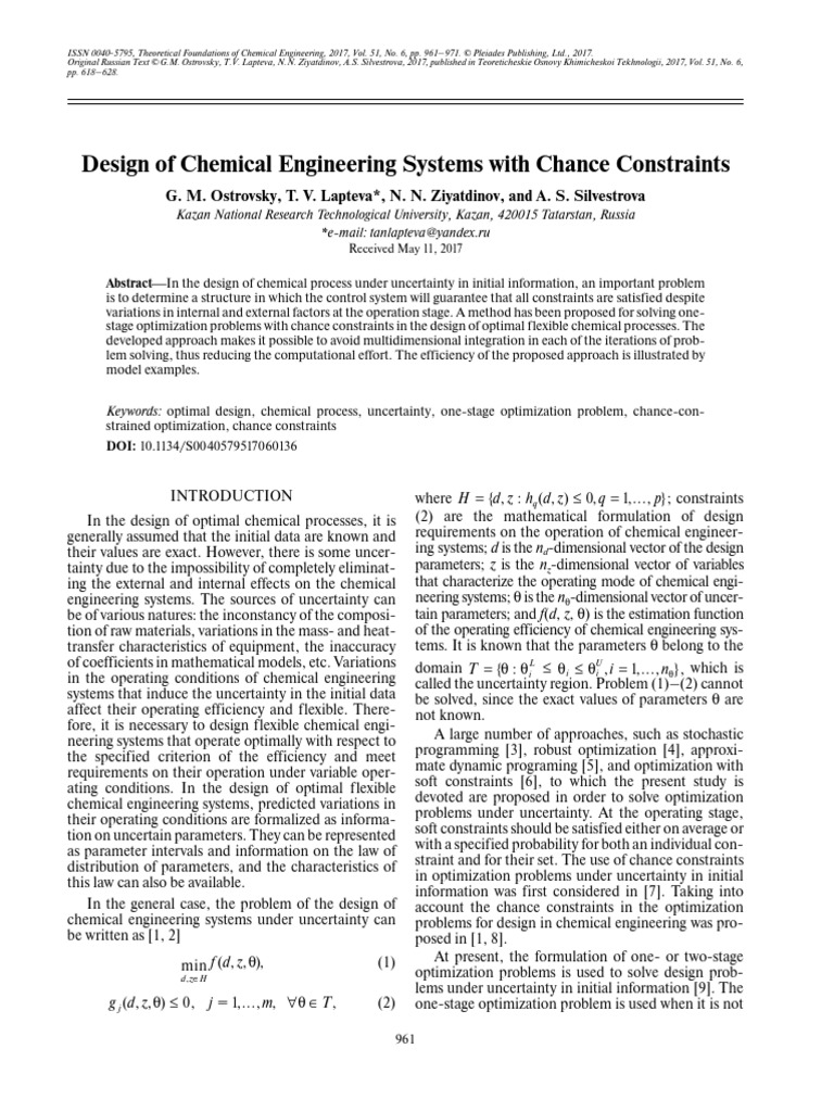 Design of Chemical Engineering Systems with Chance Constraints | PDF | Mathematical Optimization ...