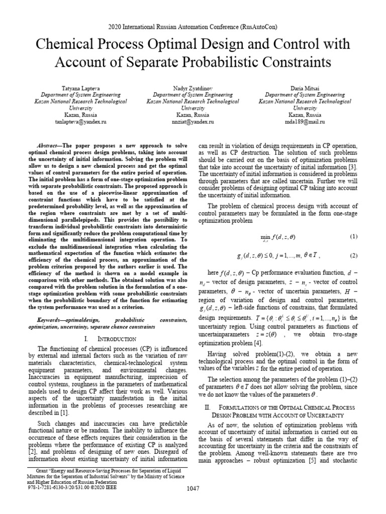 Chemical Process Optimal Design and Control With Account of Separate Probabilistic Constraints ...