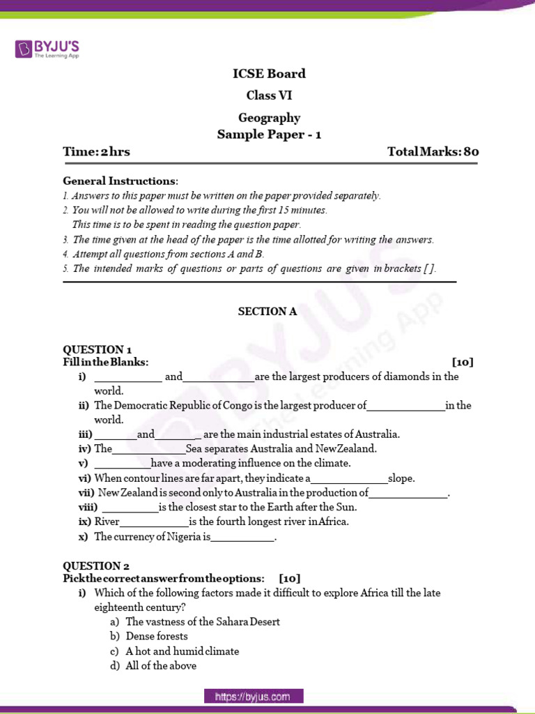 ICSE Class 6 Geography Sample Paper 1 | PDF | Earth | Africa